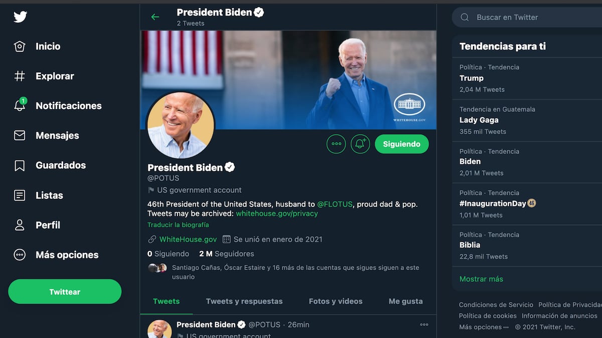 Twitter entrega la cuenta @POTUS a Biden como presidente de Estados ...