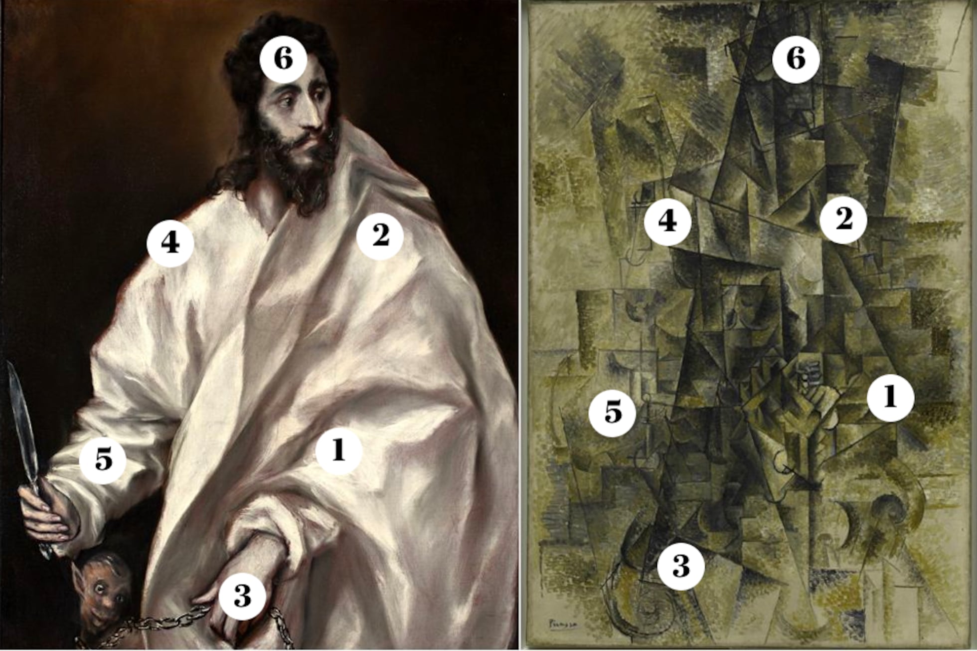 Find six similarities between these two paintings by Picasso and el ...